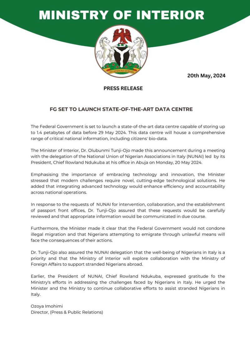 Nigeria Set to Launch 1.4 Petabyte Data Center in May. - Techmoonshot
